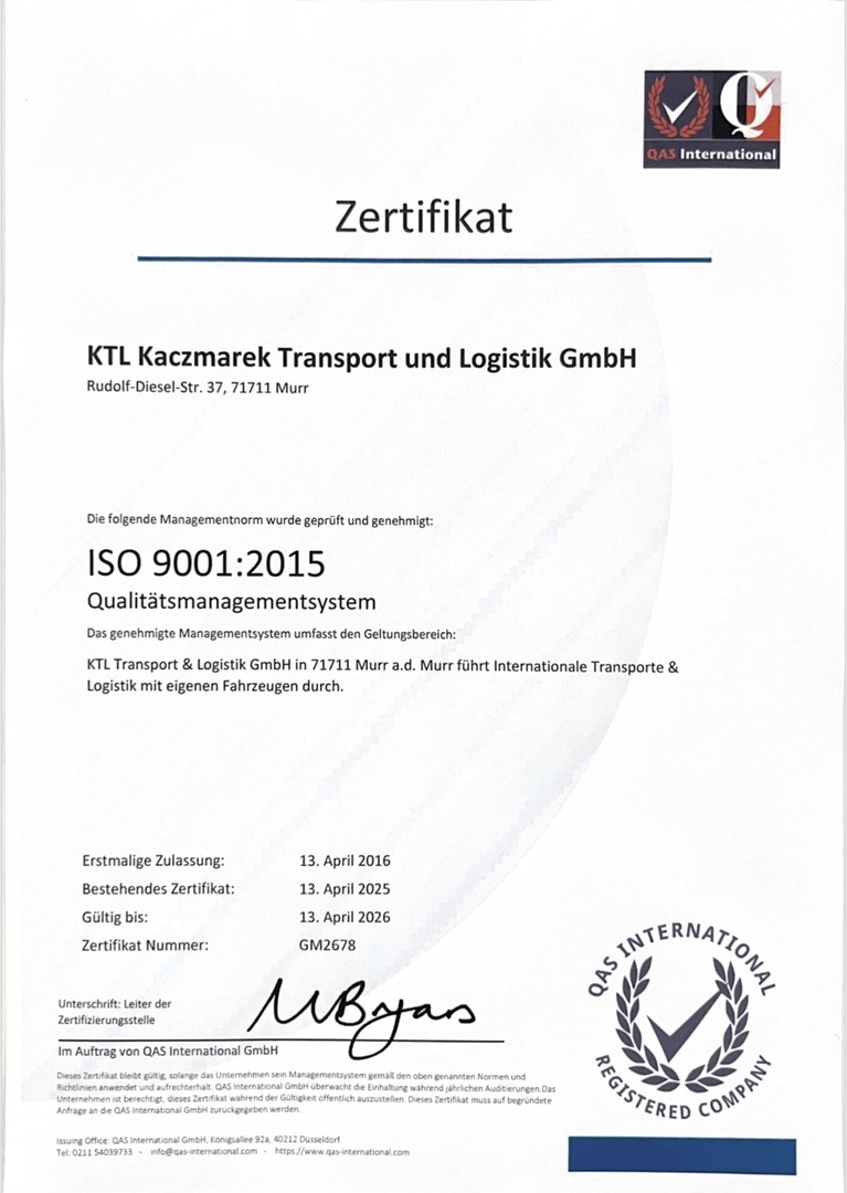 KTL Kaczmarek Transport und Logistik GmbH - ISO 9001:2015